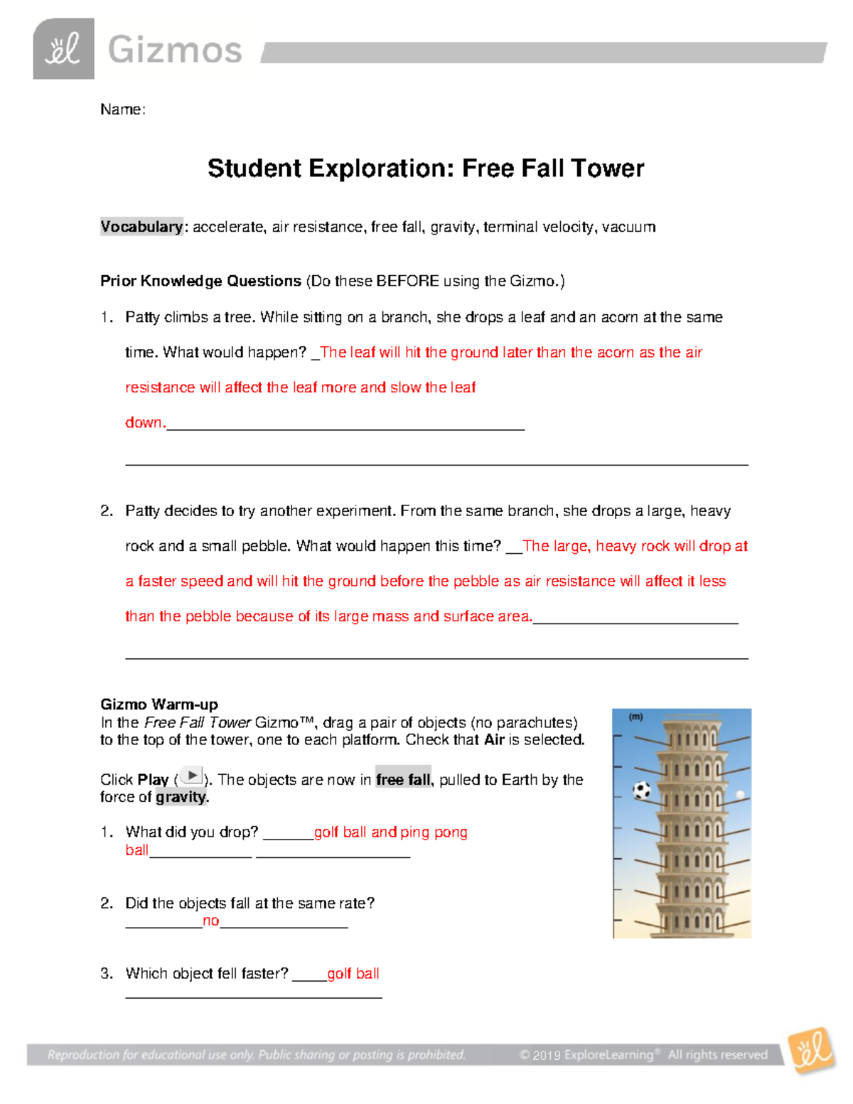 AP Physics Free Fall Tower Phet Lab Guideline - Name: Student ...