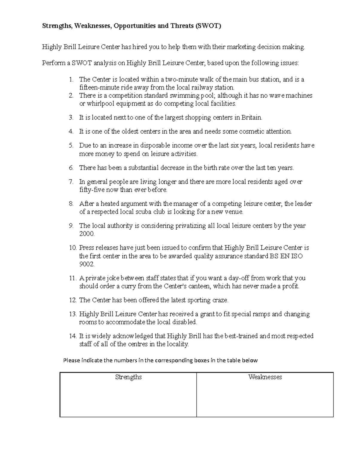 SWOT Exercise - Student Worksheet MARK1130 - Strengths, Weaknesses ...