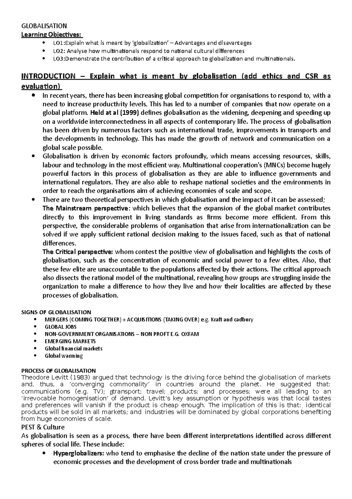Globalisation Notes - GLOBALISATION Learning Objectives: LO1:Explain ...