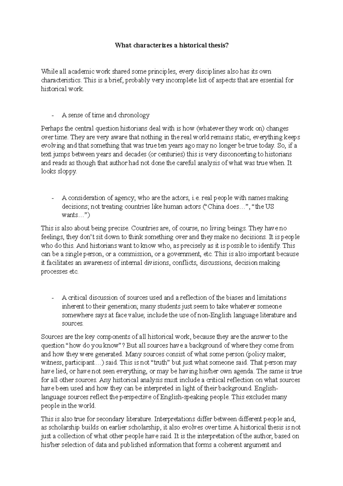 What characterizes a historical thesis - This is a brief, probably very ...