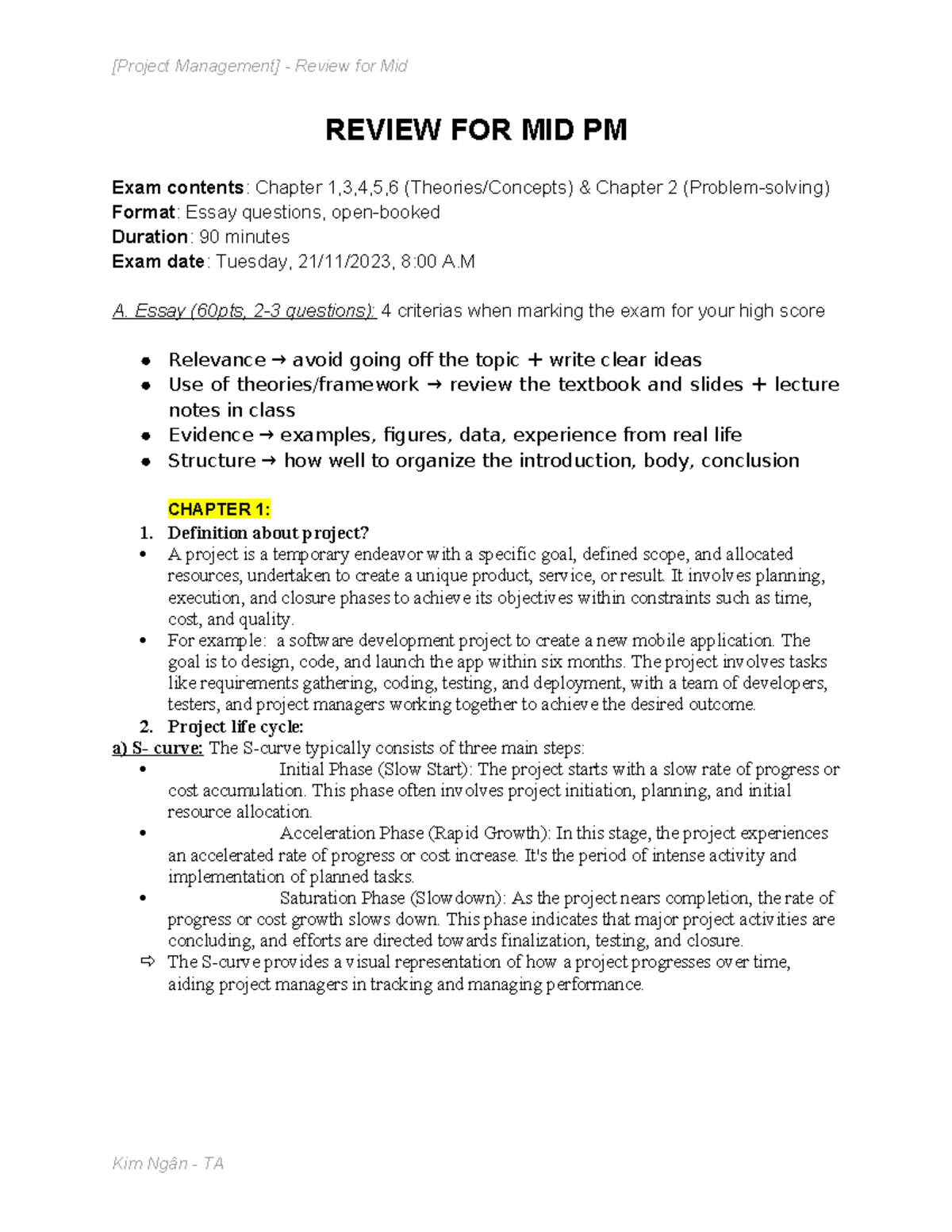 TA-Summary-Review-for-Mid-PM - REVIEW FOR MID PM Exam contents: Chapter ...