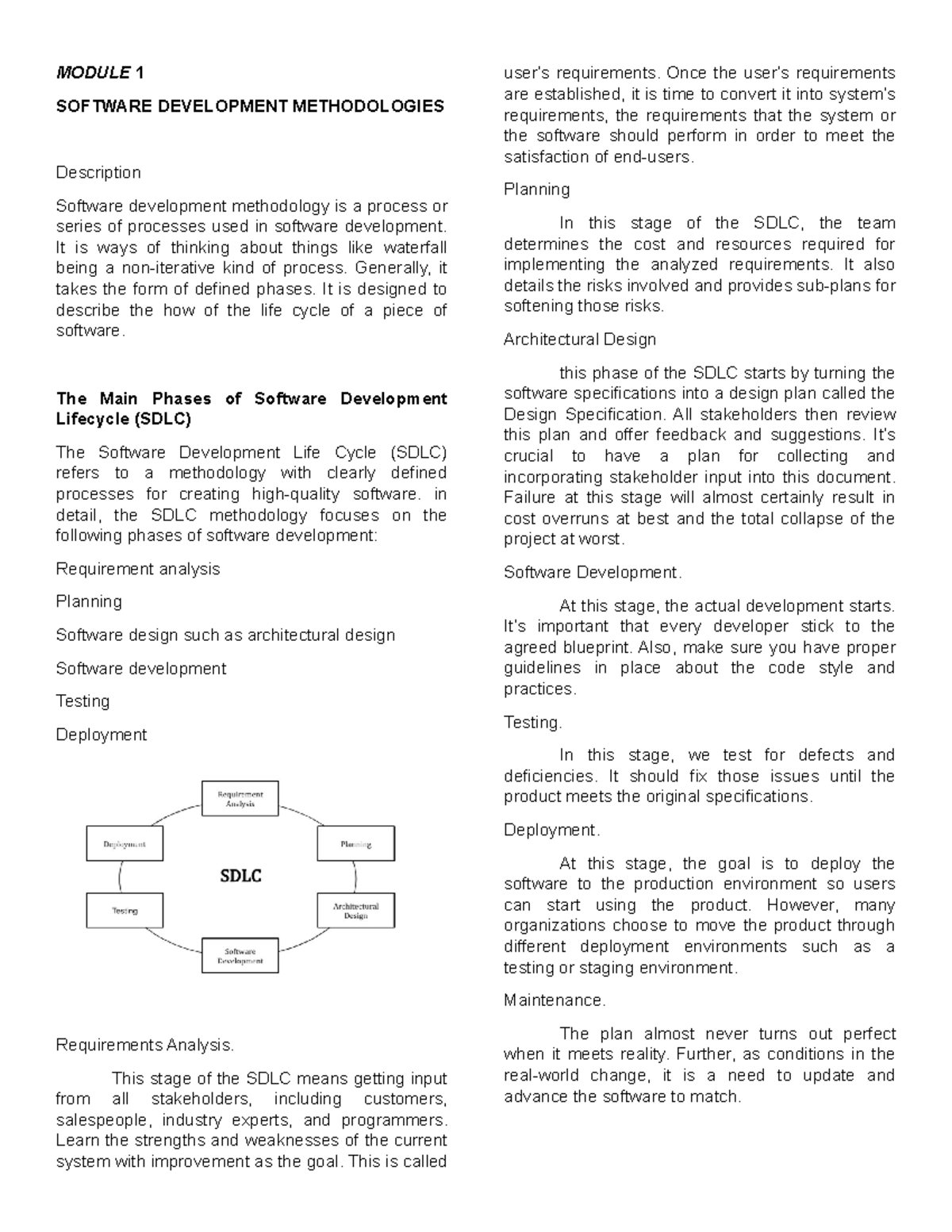 IPT Reviewer - MODULE 1 SOFTWARE DEVELOPMENT METHODOLOGIES Description Software development ...