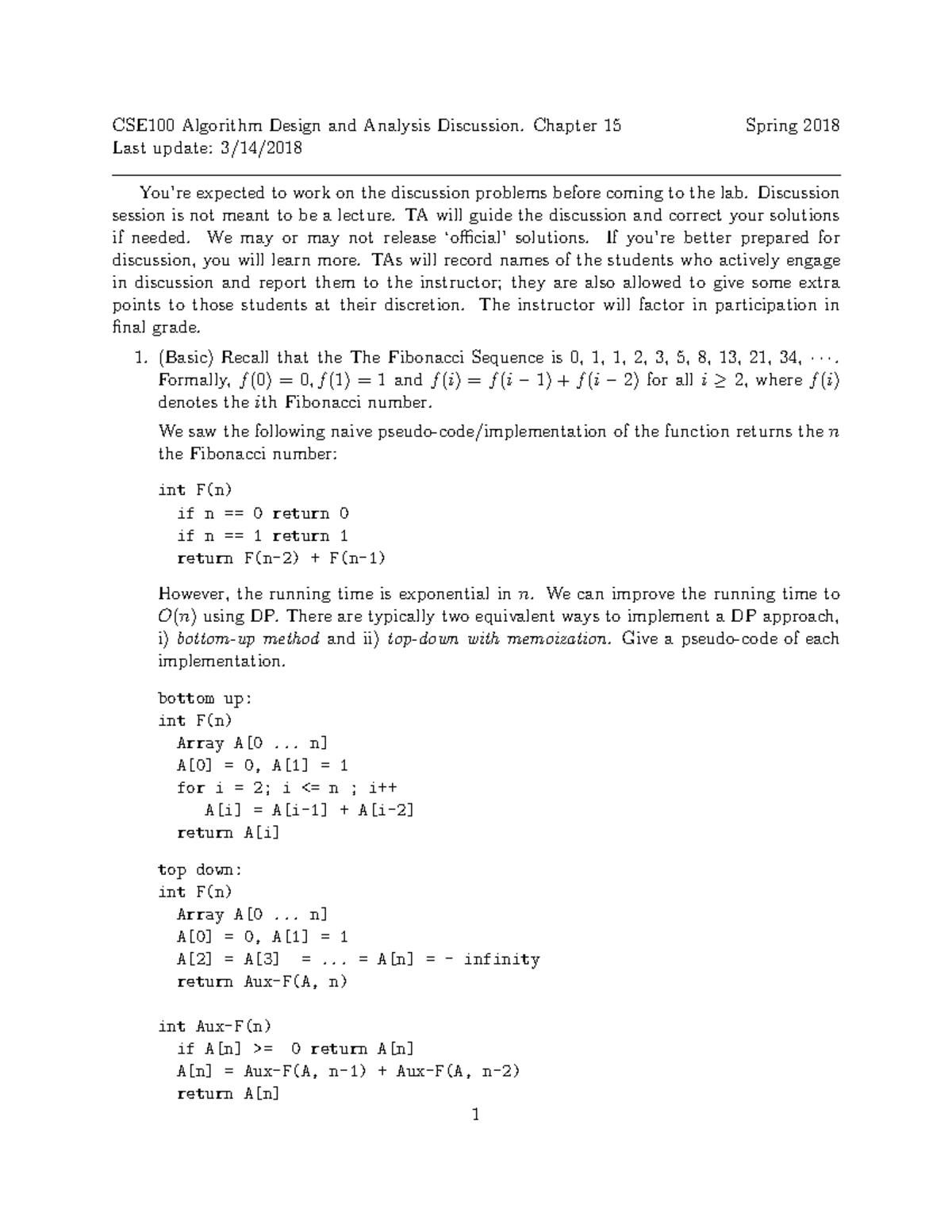 Discussion-ch15 - Professor Sungjim Im, - CSE100 Algorithm Design and Analysis Discussion ...