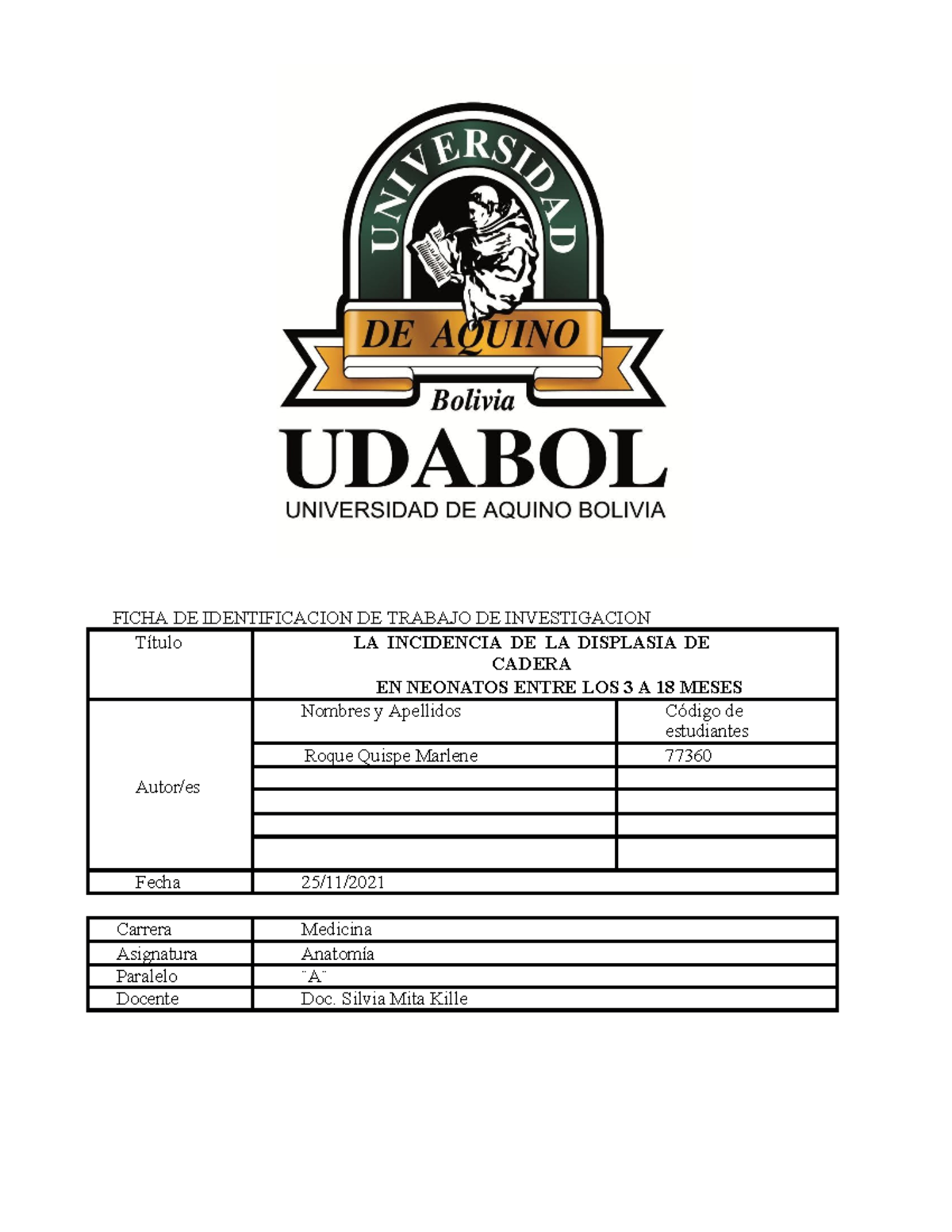 Displacia DE Cadera Trabajo APA (1) - FICHA DE IDENTIFICACION DE ...
