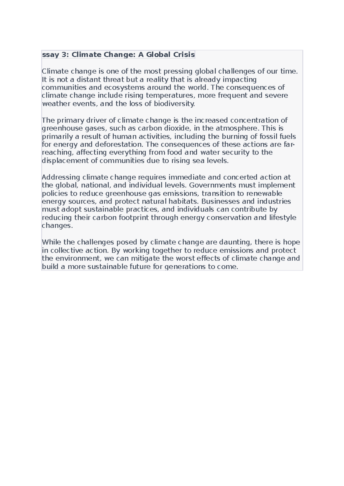 Ssay 3 - sdsdsdsd - ssay 3: Climate Change: A Global Crisis Climate ...
