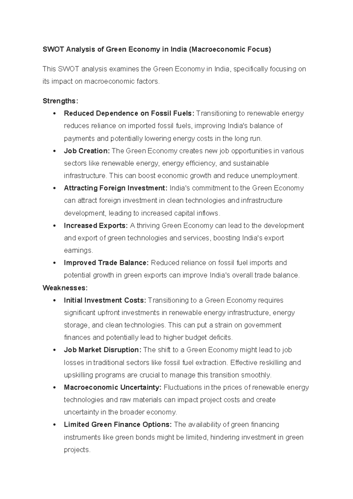 CIA3 Macro - n/a - SWOT Analysis of Green Economy in India ...