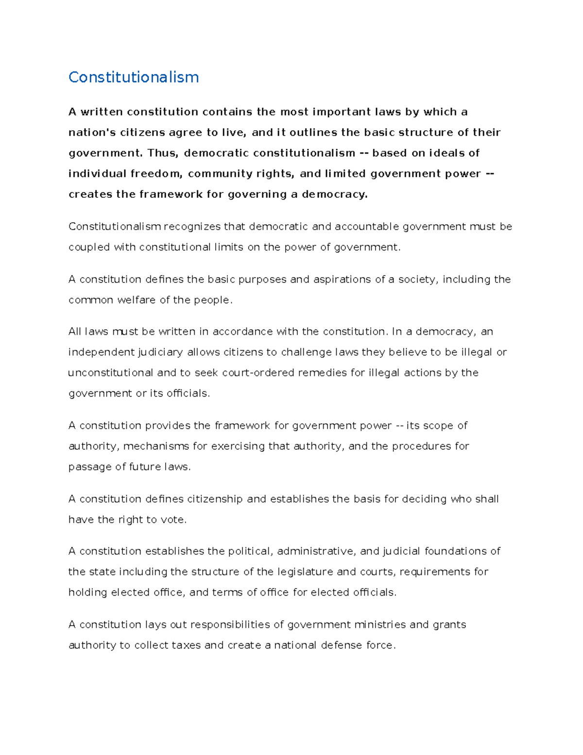 Constitutionalism - Summary Constitutional Law - Constitutionalism A ...