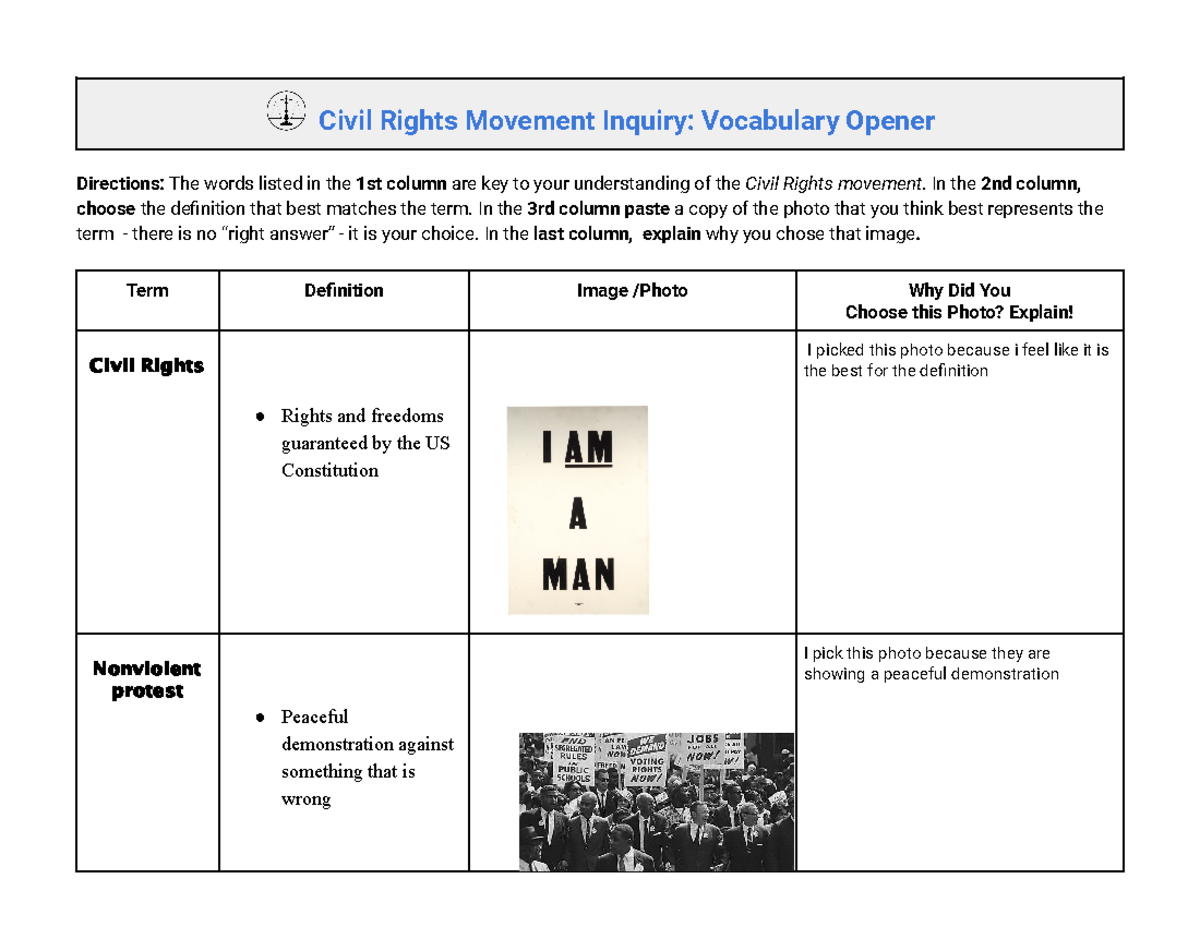Civil Rights Movement Vocabulary Chart - Civil Rights Movement Inquiry ...