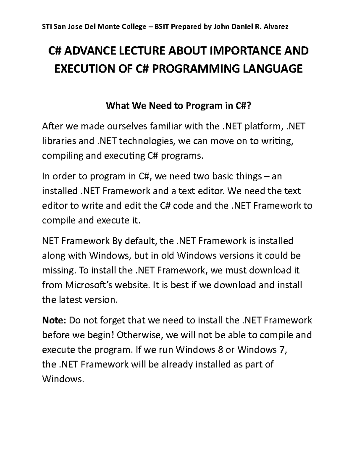 C Sharp Advance Lecture about the Importance and Execution of C Sharp ... C Sharp Advance Lecture about the Importance and Execution of C Sharp ...