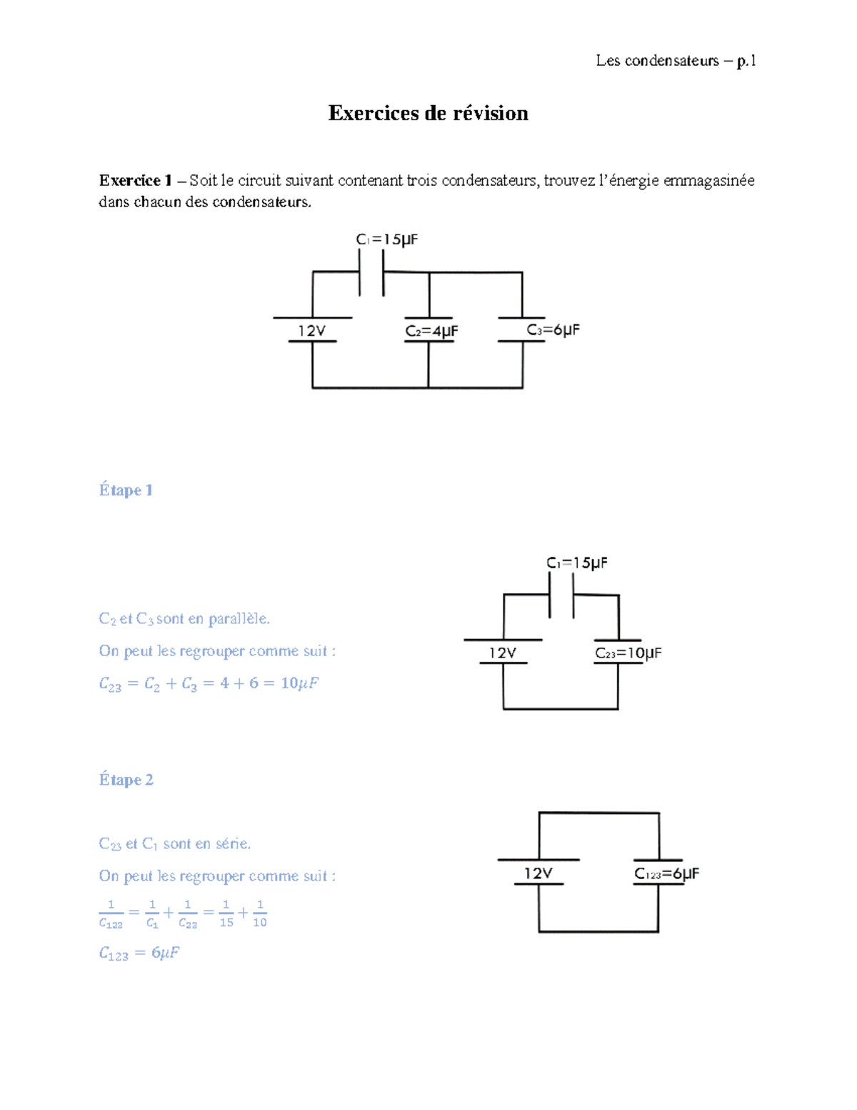 Exercices - Condensateurs (Corrigé) - Exercices de révision Exercice 1 ...