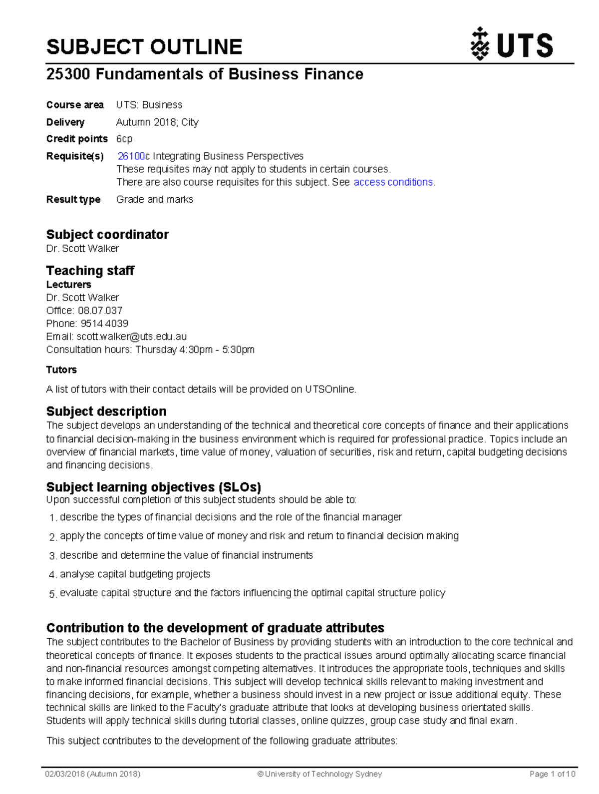 Finance Subject outline - SUBJECT OUTLINE 25300 Fundamentals of ...