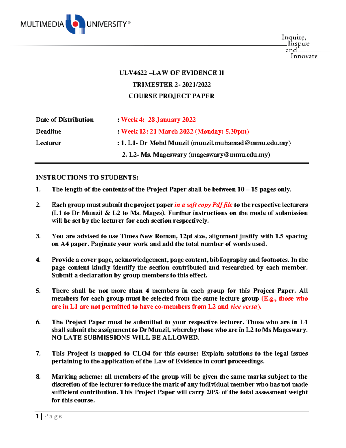 Course Project Paper Question - ULV4622 – LAW OF EVIDENCE II TRIMESTER ...