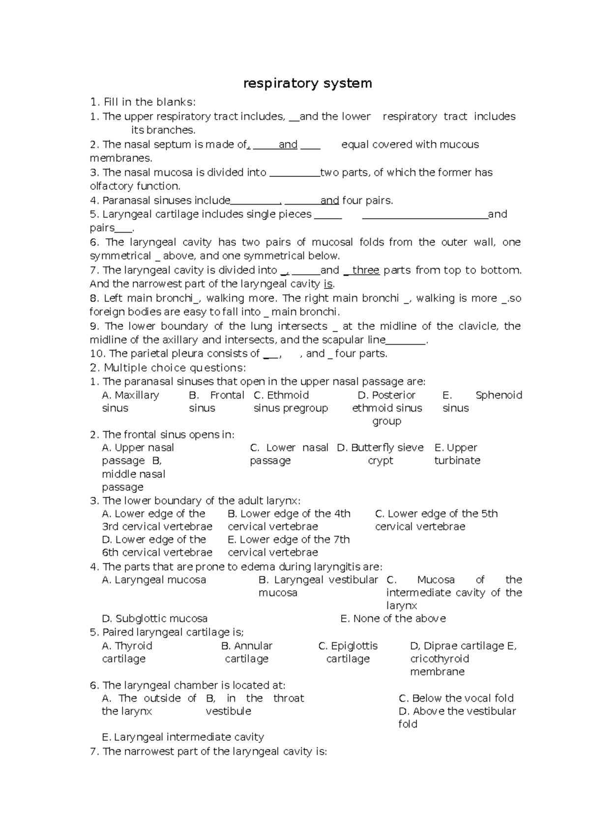Respiratory system NRS111 - respiratory system 1. Fill in the blanks: 1 ...