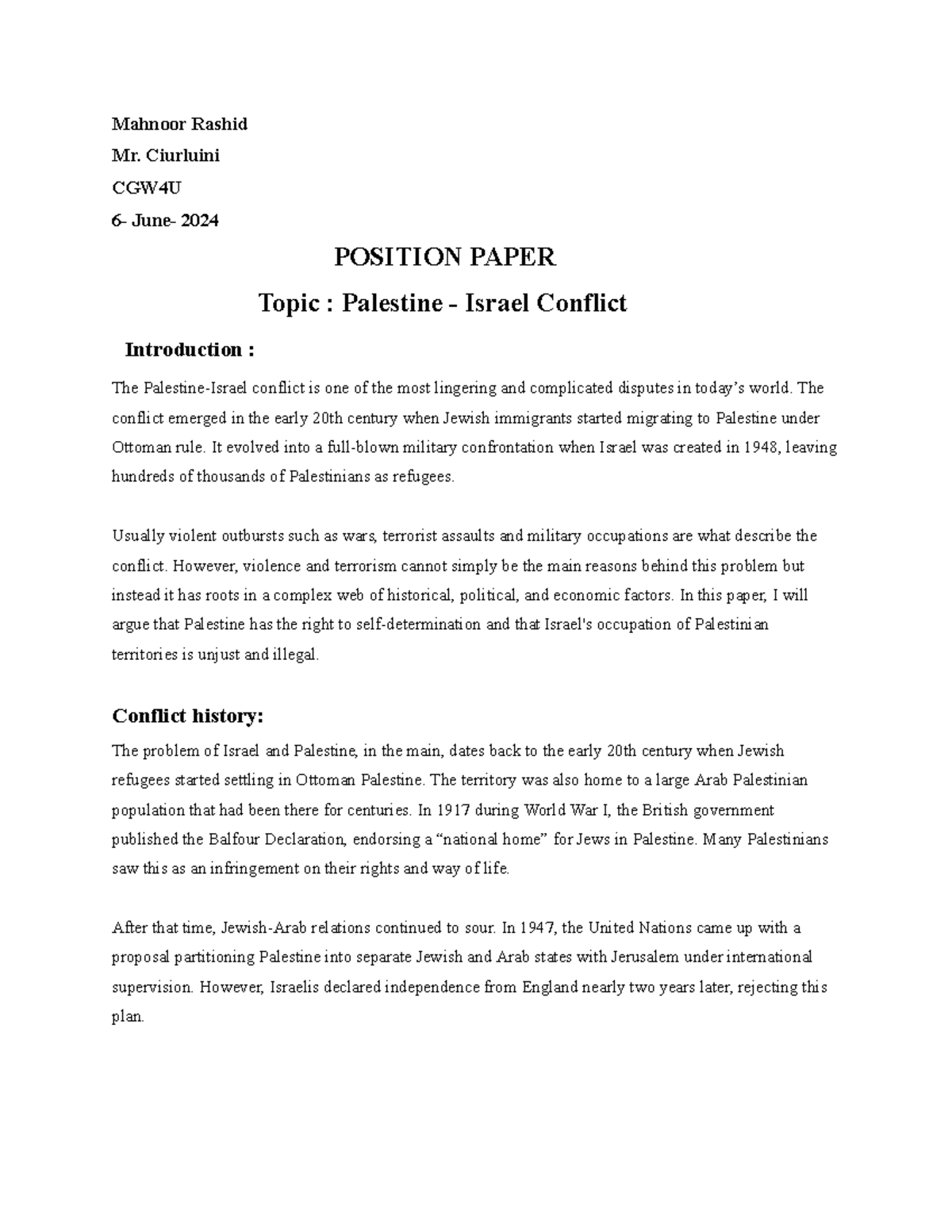 Position Paper - Mahnoor Rashid Mr. Ciurluini CGW4U 6- June- 2024 ...