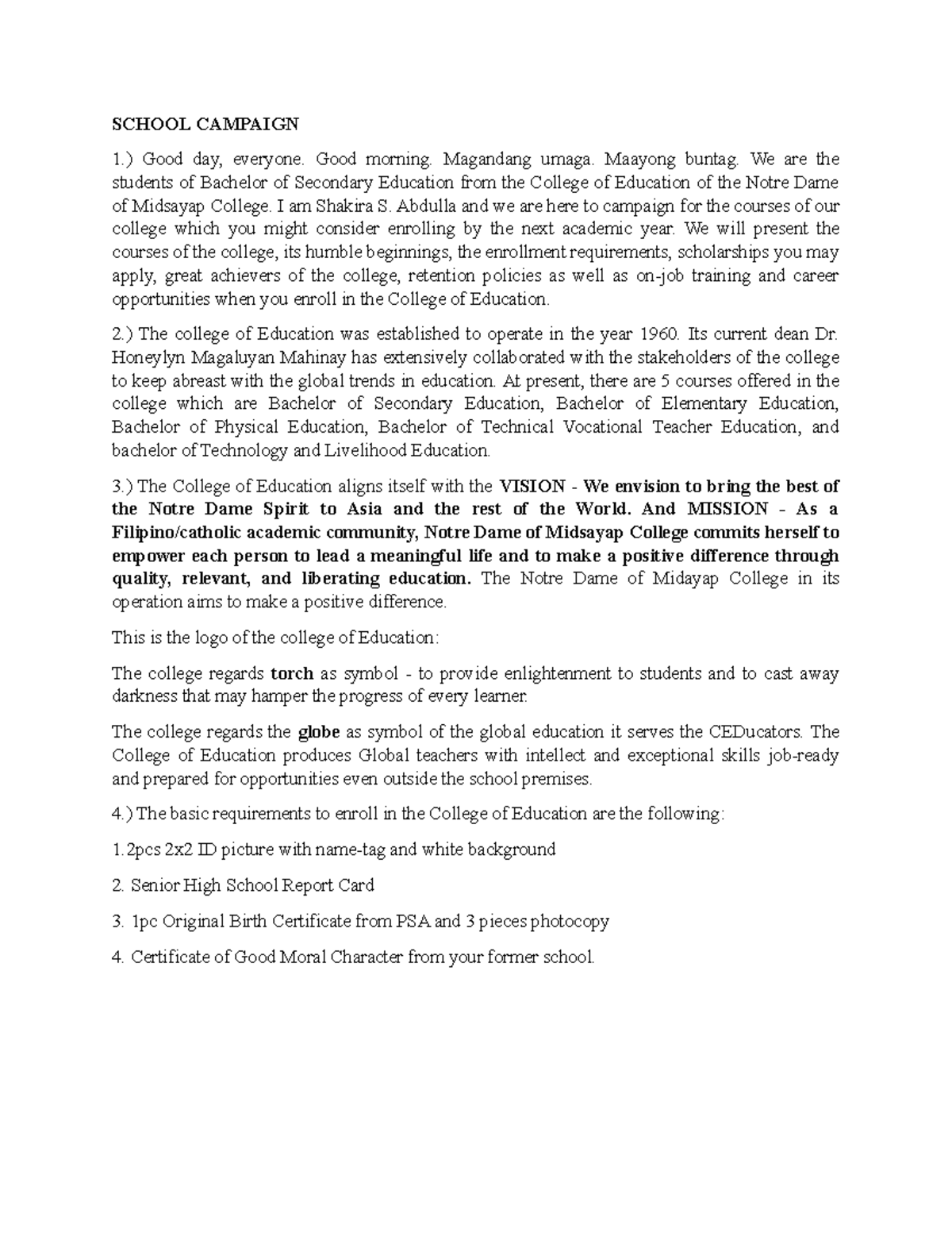 School- Campaign- Final - SCHOOL CAMPAIGN 1.) Good day, everyone. Good ...