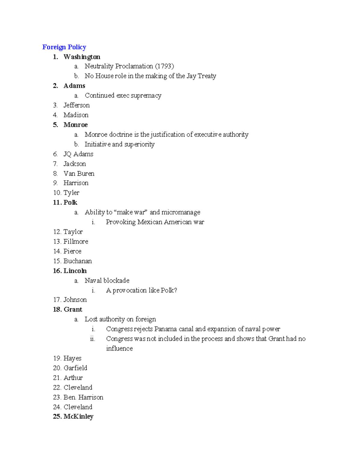 Exam 1 Review and Study Guide - Foreign Policy 1. Washington a ...