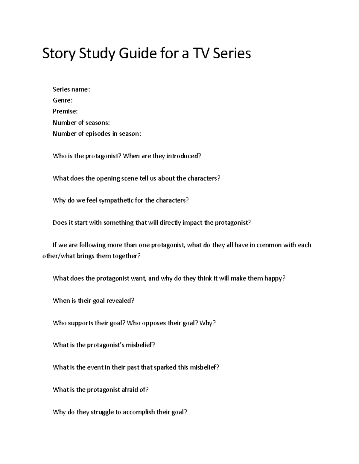 Story Study Guide for TV Series - Story Study Guide for a TV Series ...