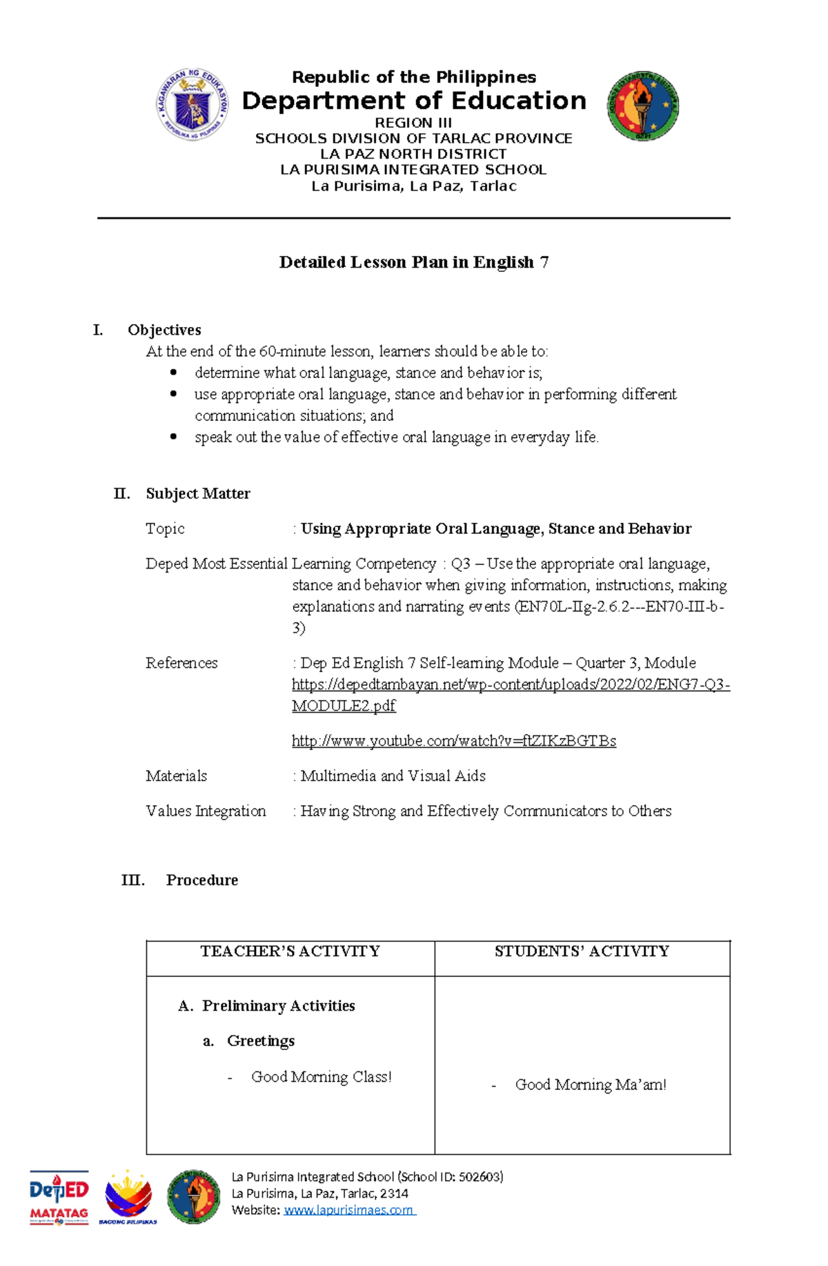 LP-ORAL Language - lesson plan english - Department of Education REGION ...
