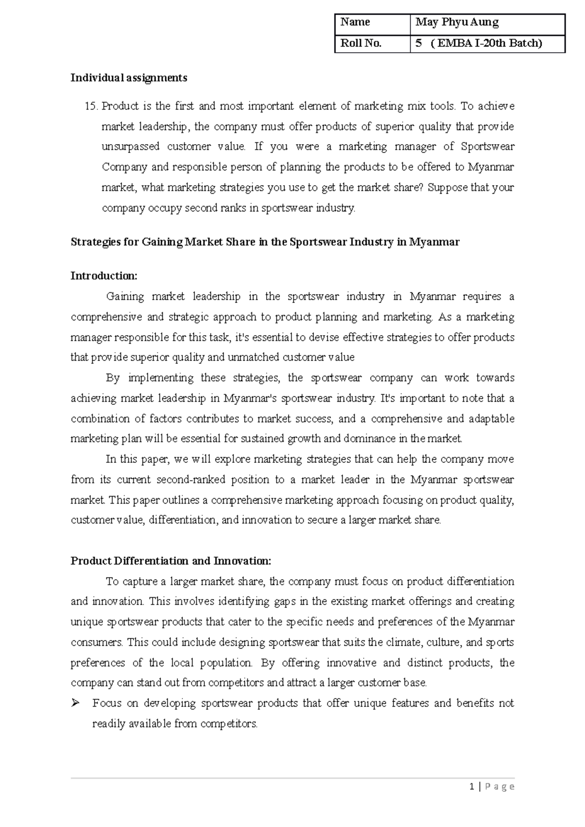 Individual assignments - Actual - Roll No. 5 ( EMBA I-20th Batch ...