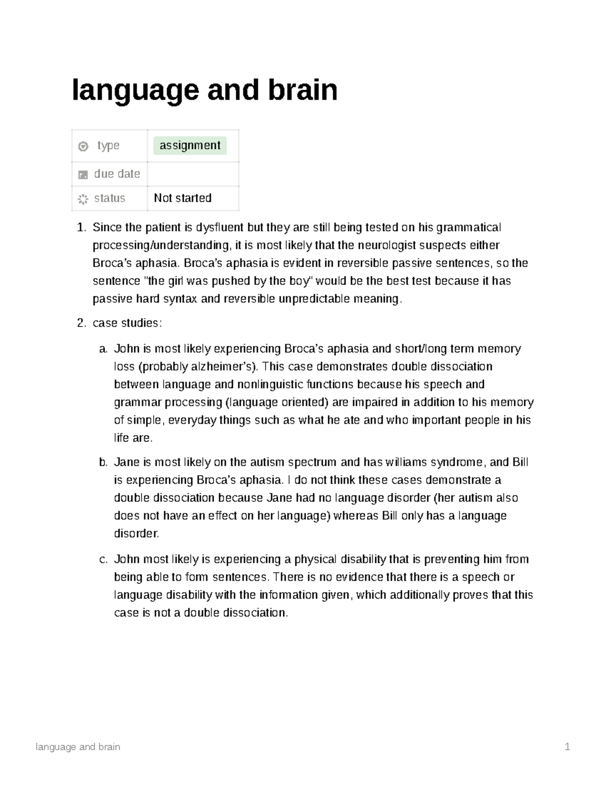 Language and brain homework - language and brain 1 language and brain ...