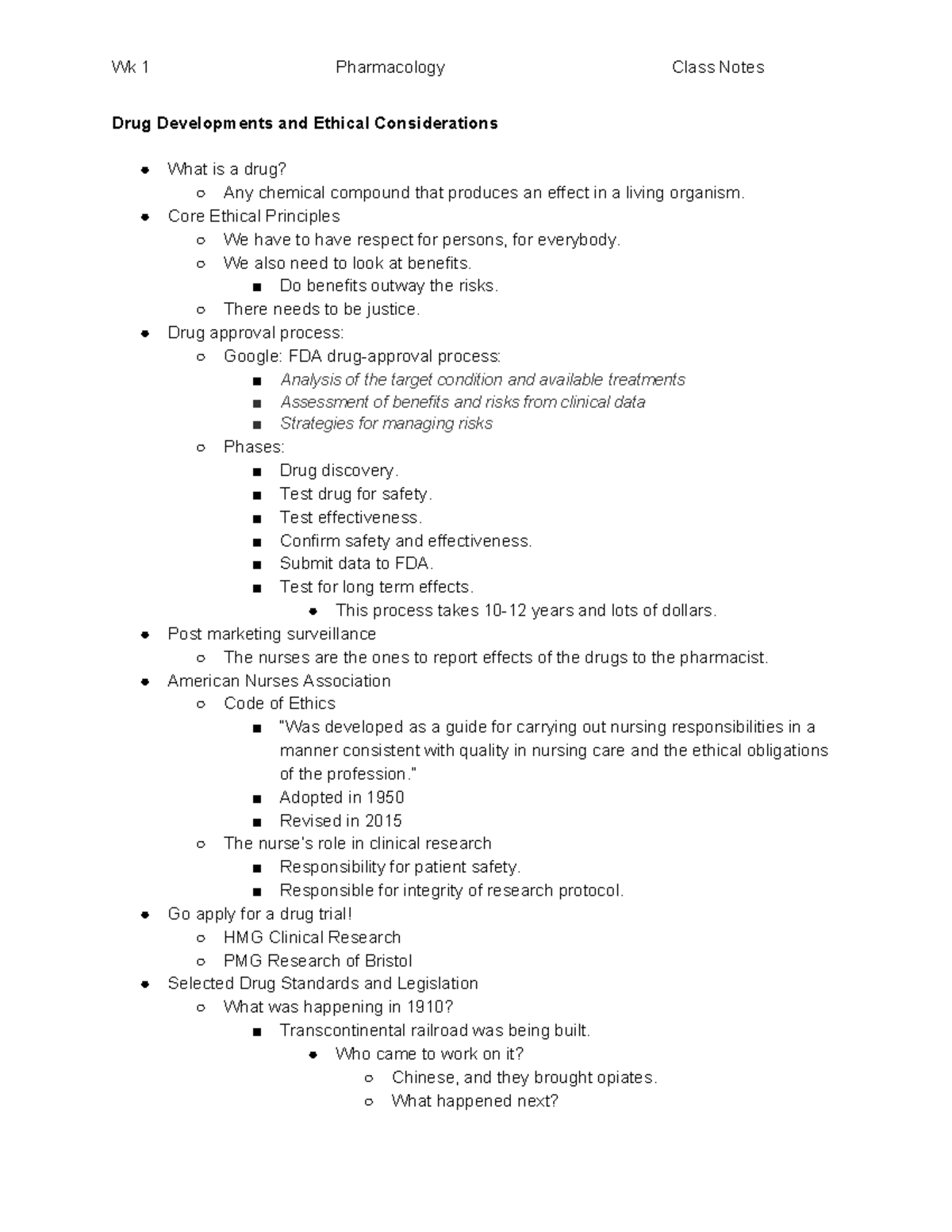 Wk 1 Pharmocology Study Guide - Wk 1 Pharmacology Class Notes Drug ...