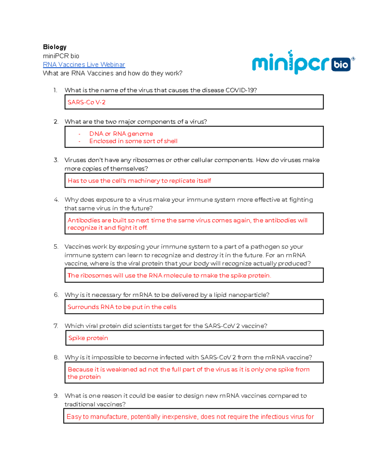 RNA Vaccines Lab Biology Honors - Biology miniPCR bio RNA Vaccines Live ...