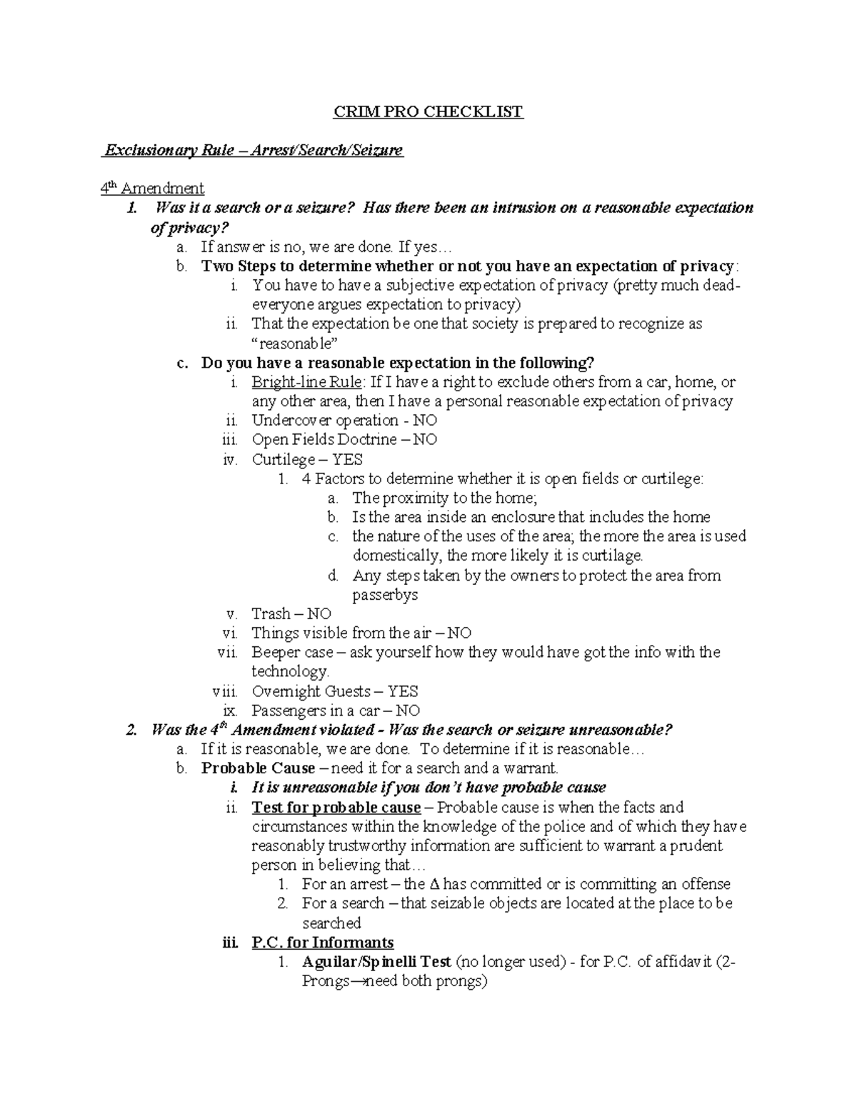 Crim Pro Checklist - CRIM PRO CHECKLIST Exclusionary Rule – Arrest ...