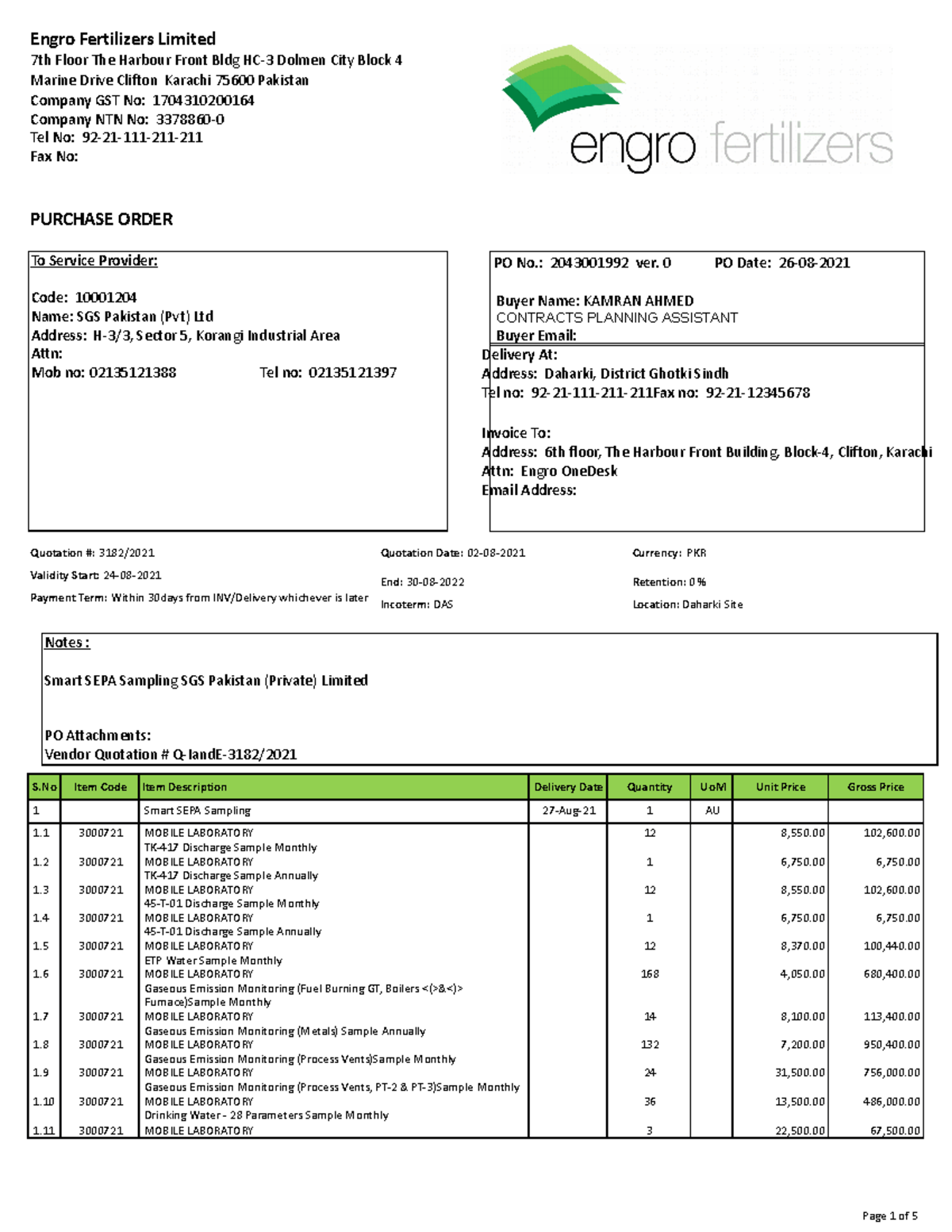 2043001992 - Engro Fertilizers Limited 7th Floor The Harbour Front Bldg ...