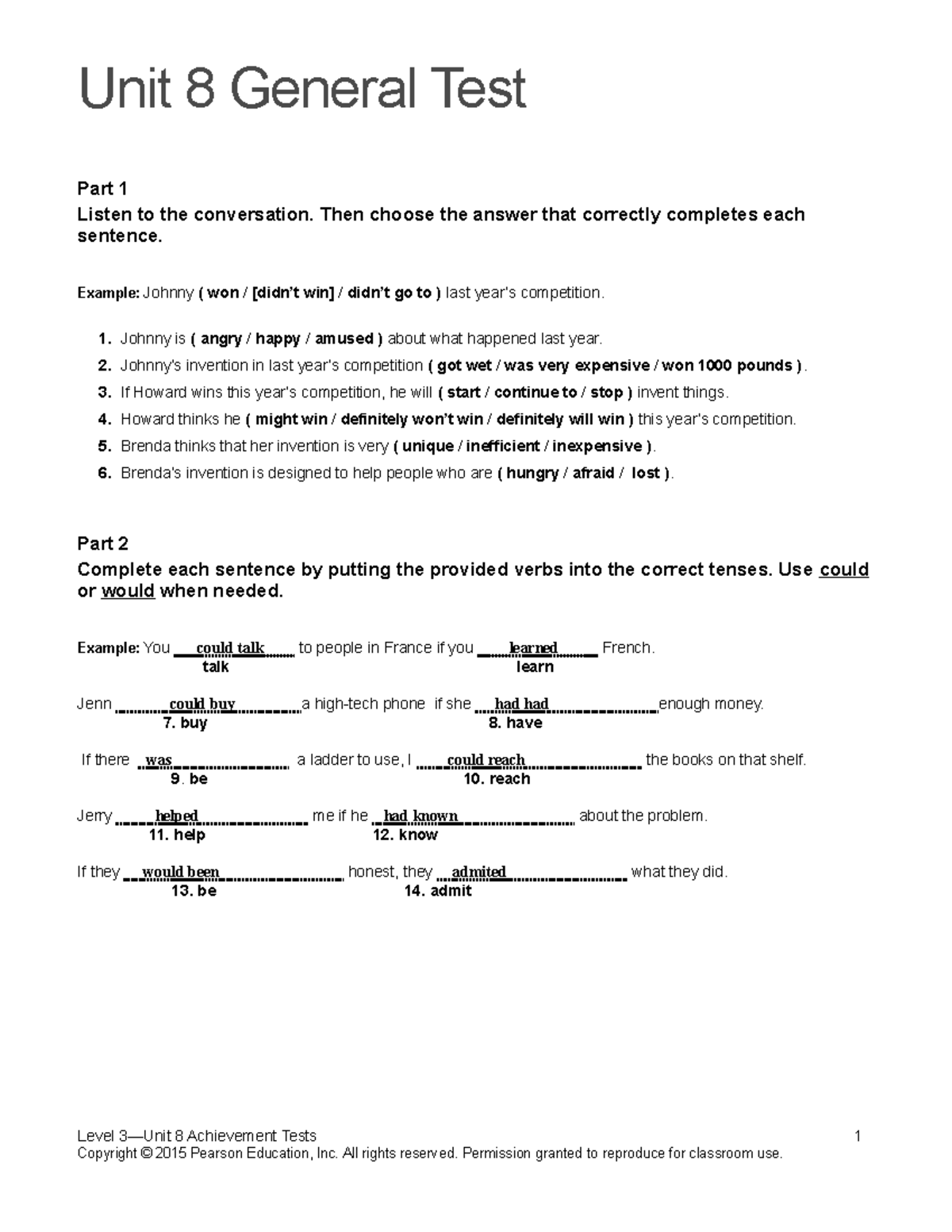 TN3 Unit 8 Assessment - Unit 8 General Test Part 1 Listen to the ...