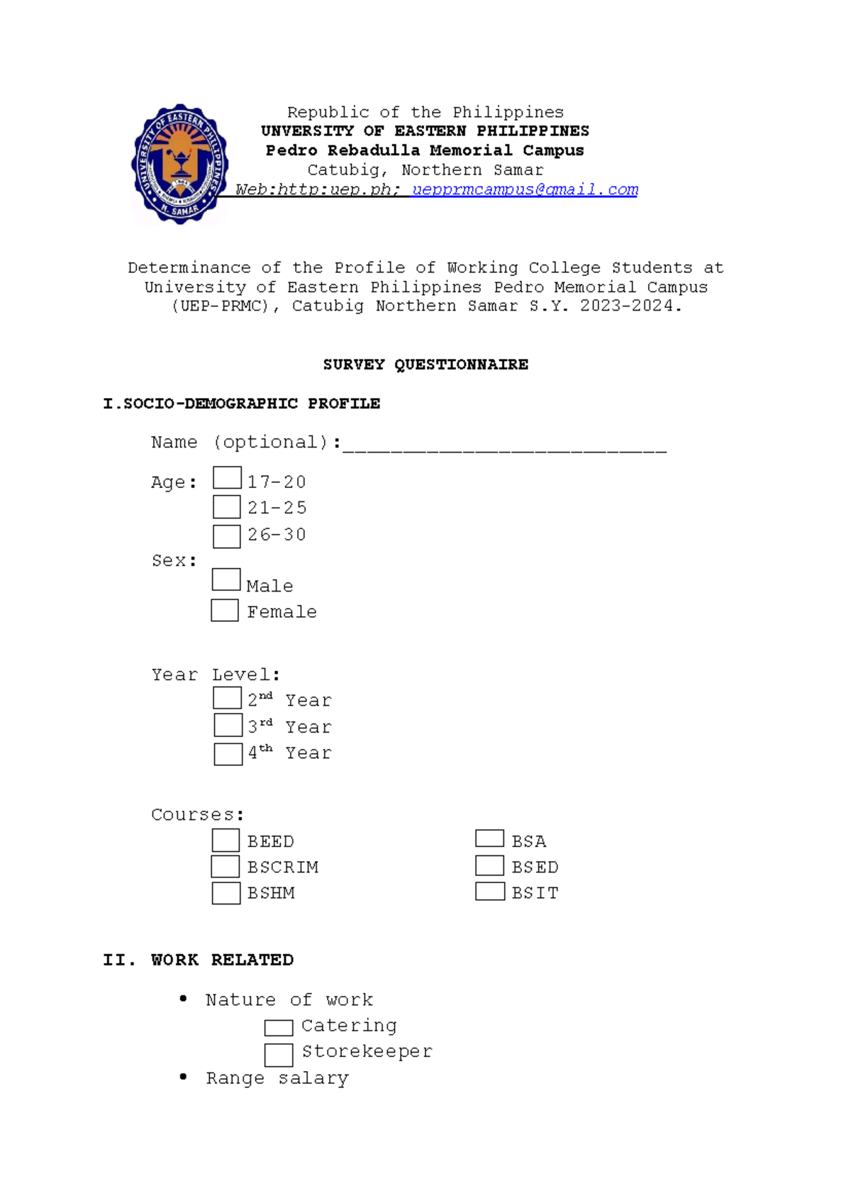 SQ - questionnaire research - Republic of the Philippines UNVERSITY OF ...