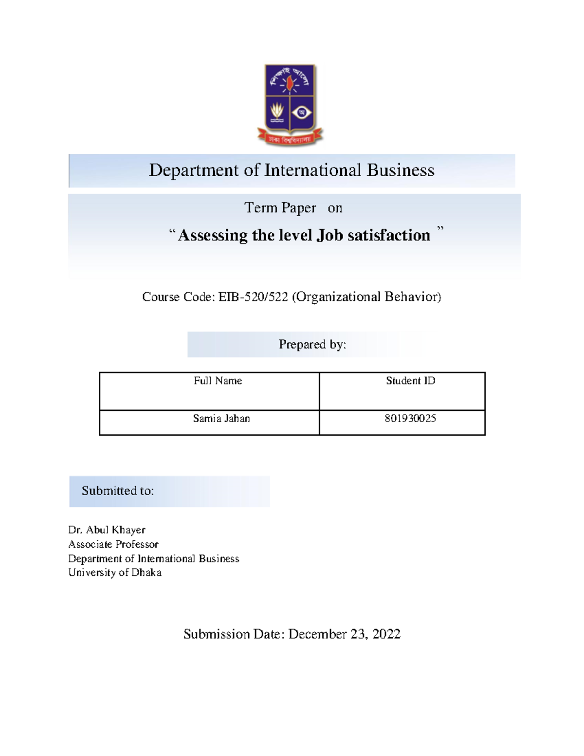 OB Term Paper ID 801930025 Samia Jahan - Course Code: EIB-520/522 ...