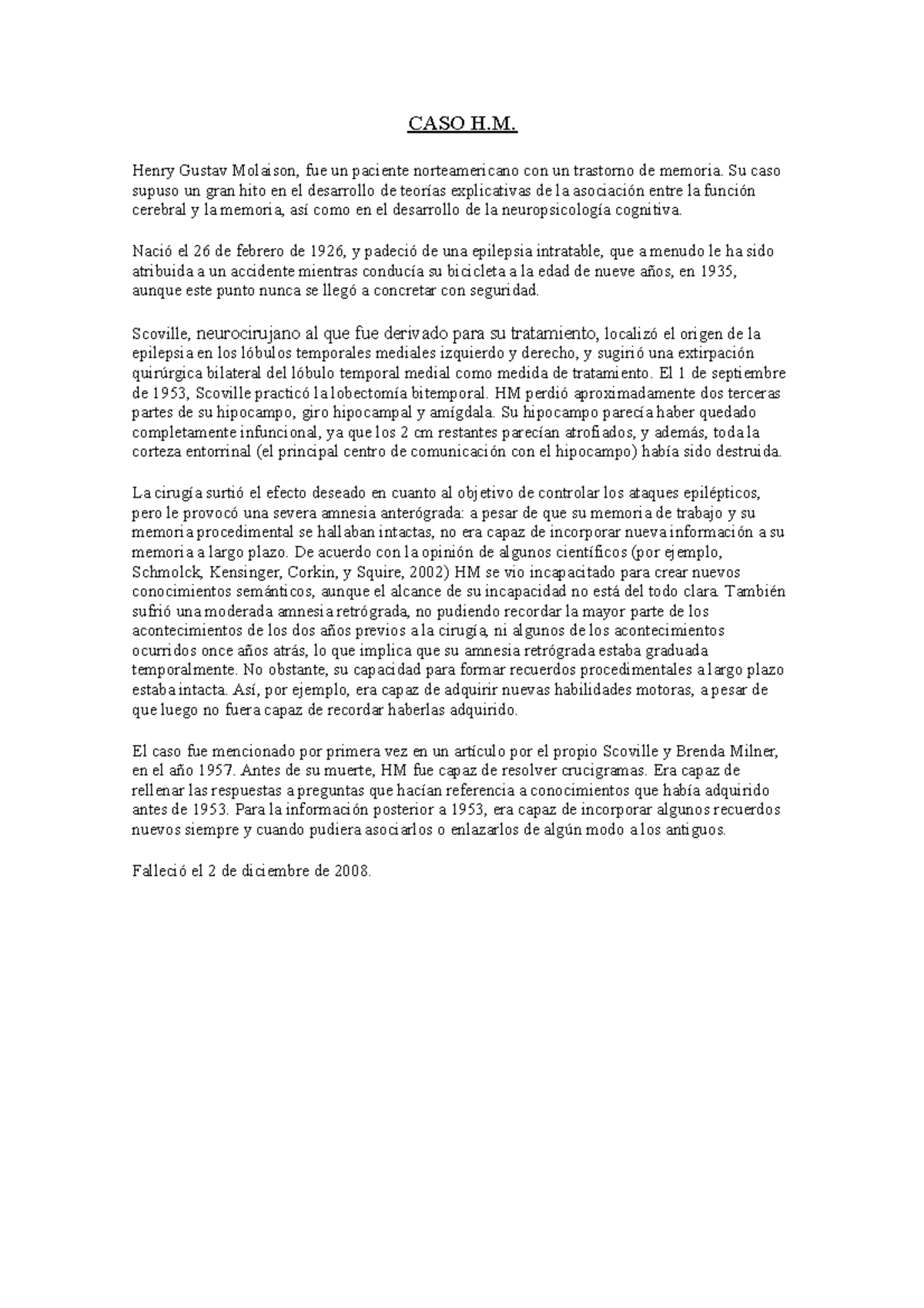 Memoria-H.M - Ejercicio clásico sobre el paciente H.M - CASO H. Henry ...