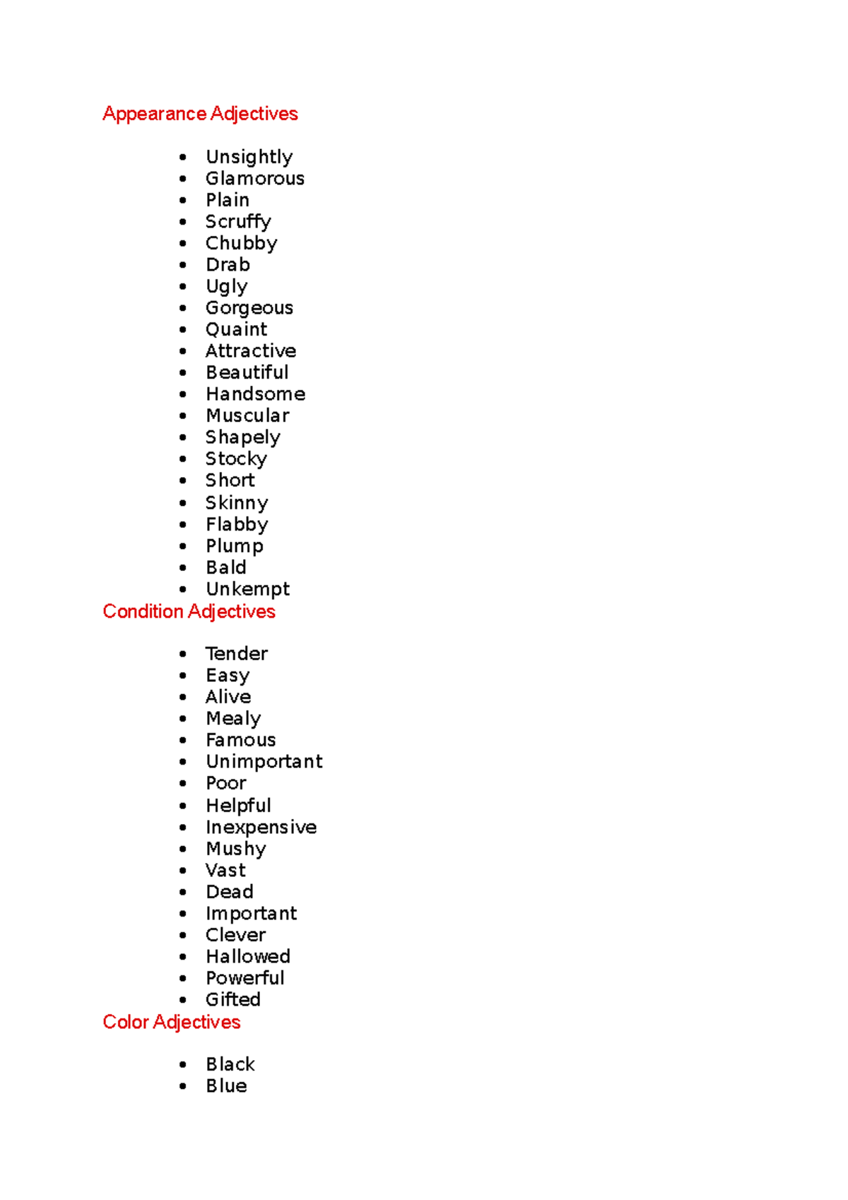 Adjectives - Appearance Adjectives Unsightly Glamorous Plain Scruffy ...