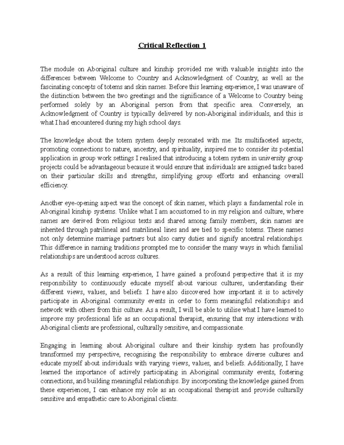 2089 - notes for ot - Critical Reflection 1 The module on Aboriginal ...