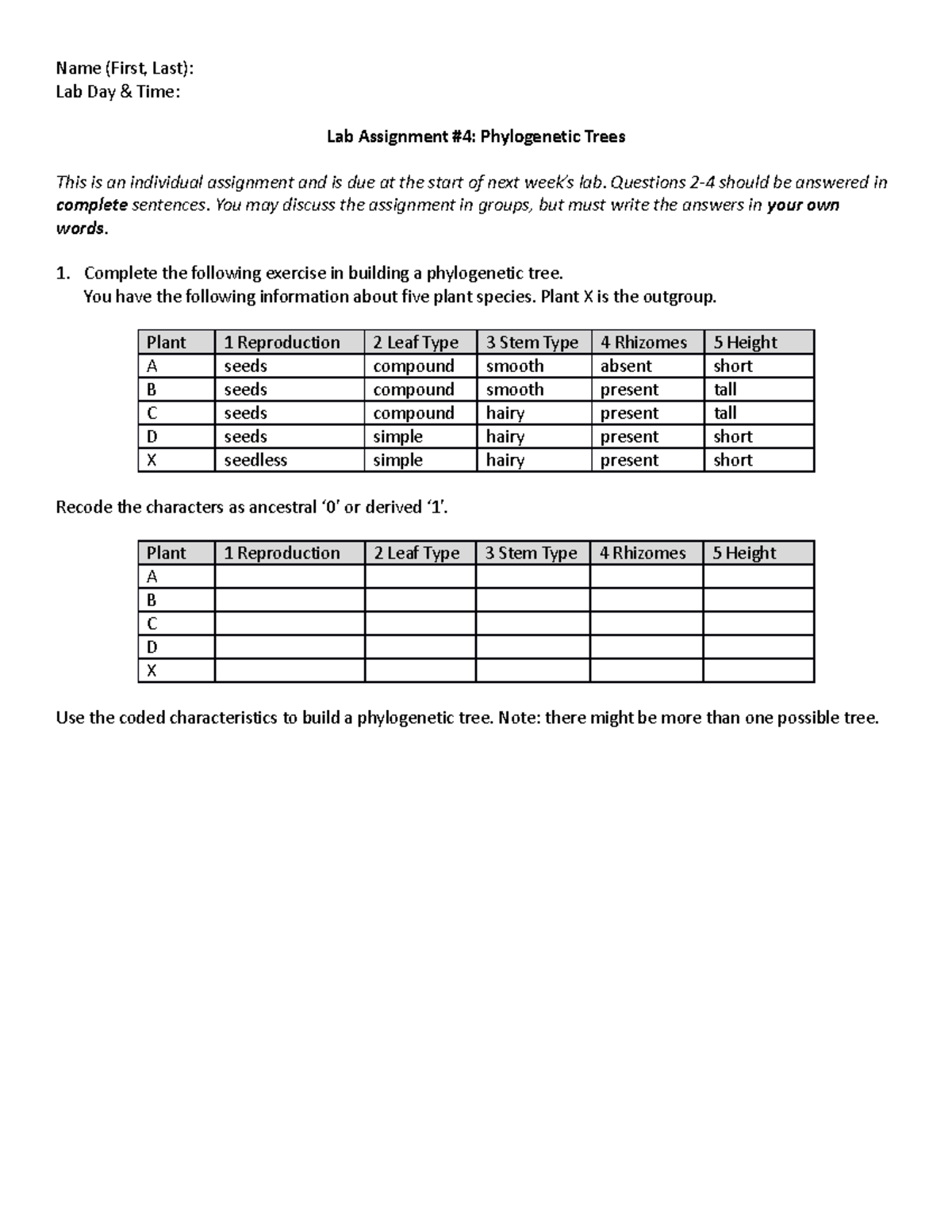 Phylogenetic tree Practice - Name (First, Last): Lab Day & Time: Lab Assignment #4: Phylogenetic ...