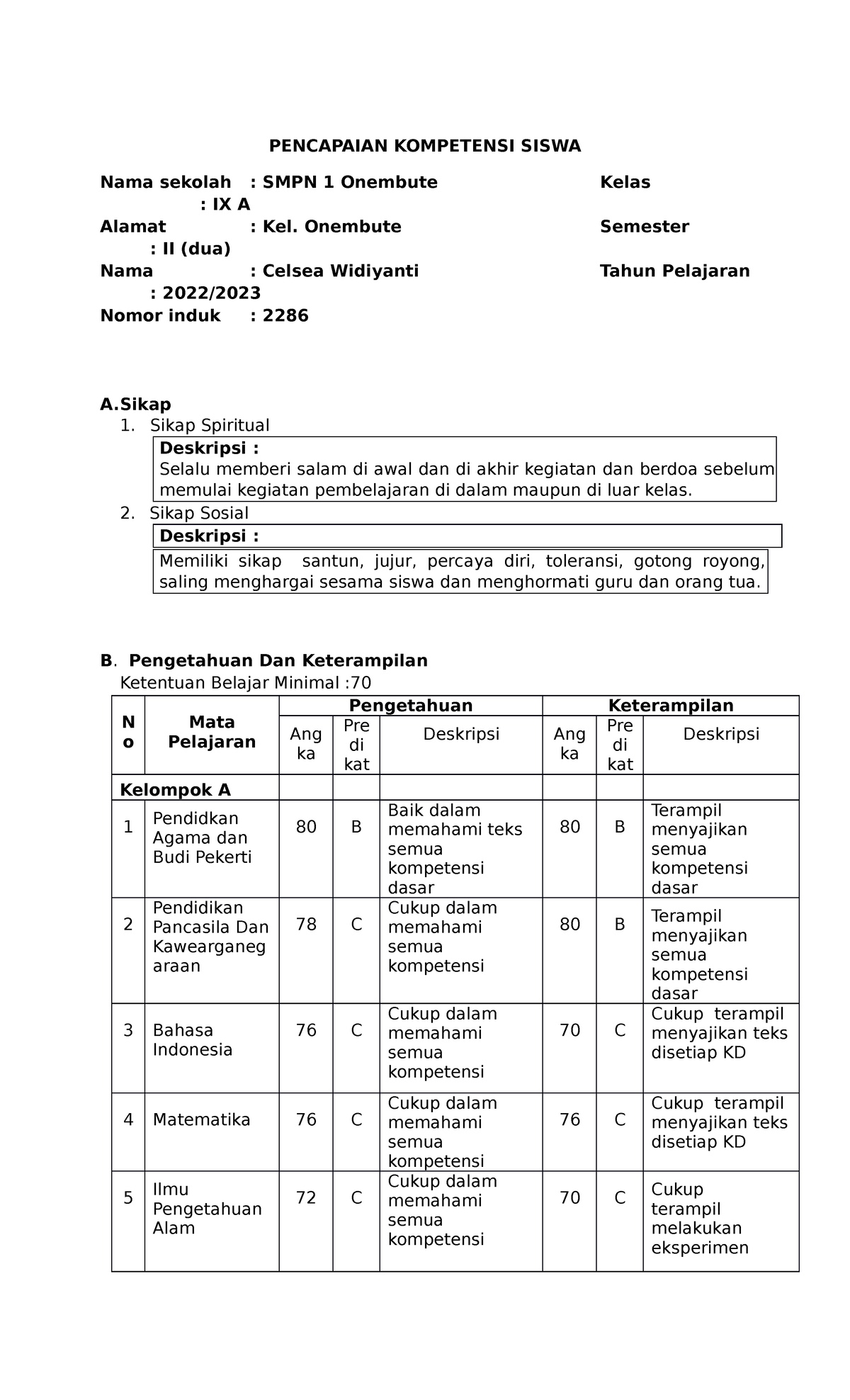 Celsea Widiyanti - contoh rapor - PENCAPAIAN KOMPETENSI SISWA Nama ...