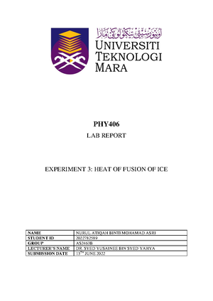 LAB EXP 3 PHY400 - FACULTY OF APPLIED SCIENCE UNIVERSITI TEKNOLOGI MARA PHY 400 (PHYSICS FOR NON ...