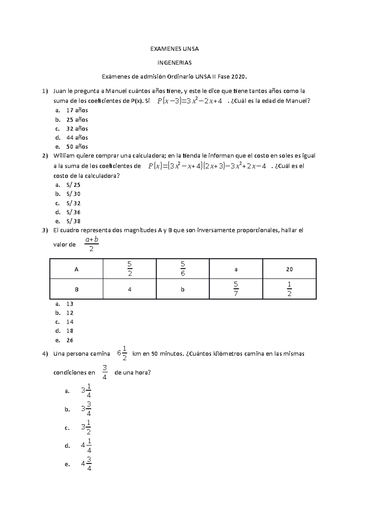 Examenes UNSA - Preuniversitario - Universidades peruanas - ALGEBRA I - UNSAAC - Studocu