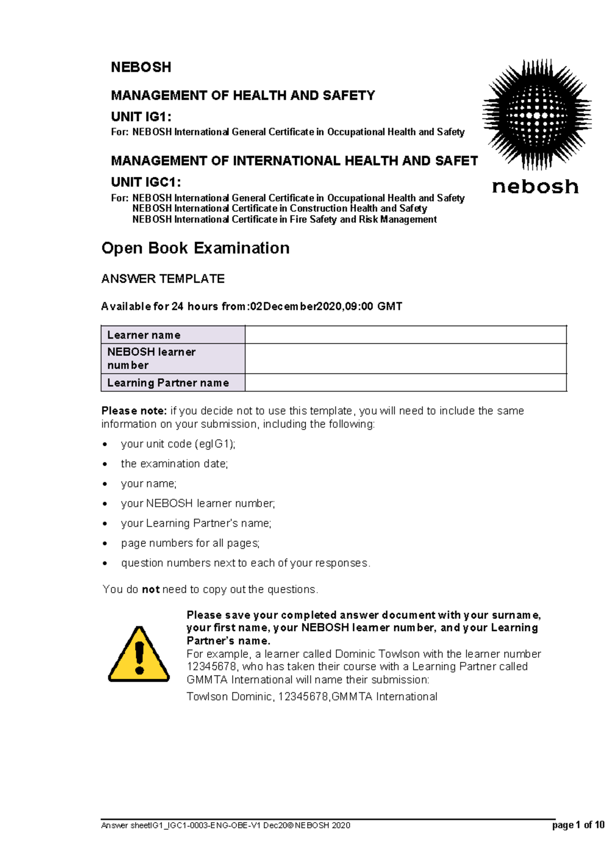 Document - nebosh - Open Book Examination ANSWER TEMPLATE Available for ...