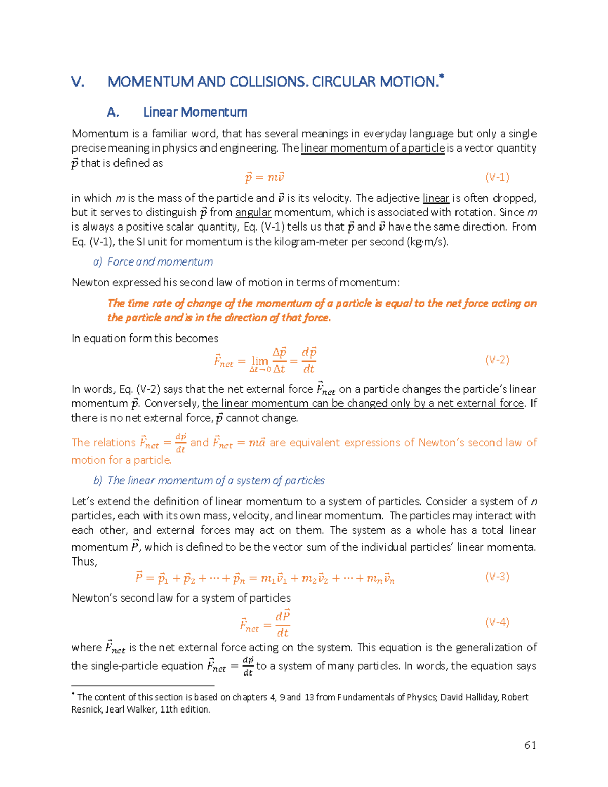 Momentum - Collisions - Circular motion - V. MOMENTUM AND COLLISIONS. CIRCULAR MOTION. A. Linear ...