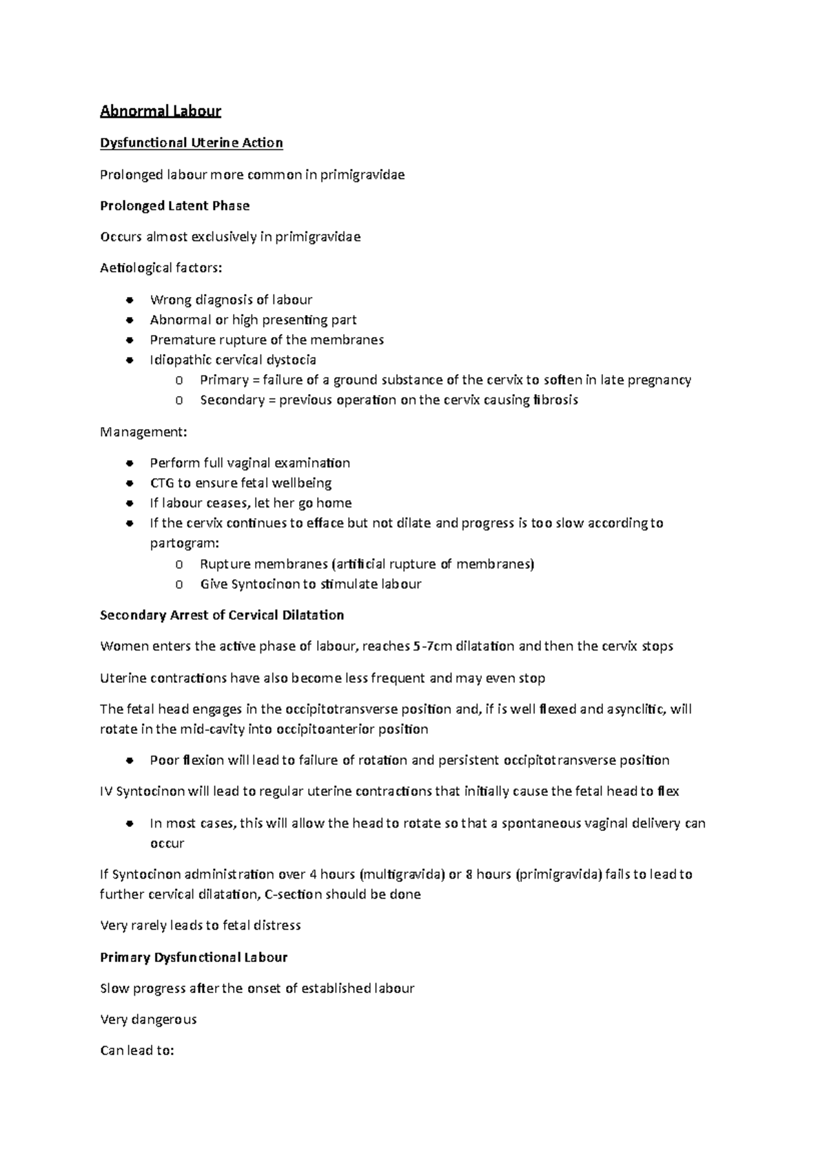 Abnormal Labour - Obstetrics and Gynaecology unit summary notes ...