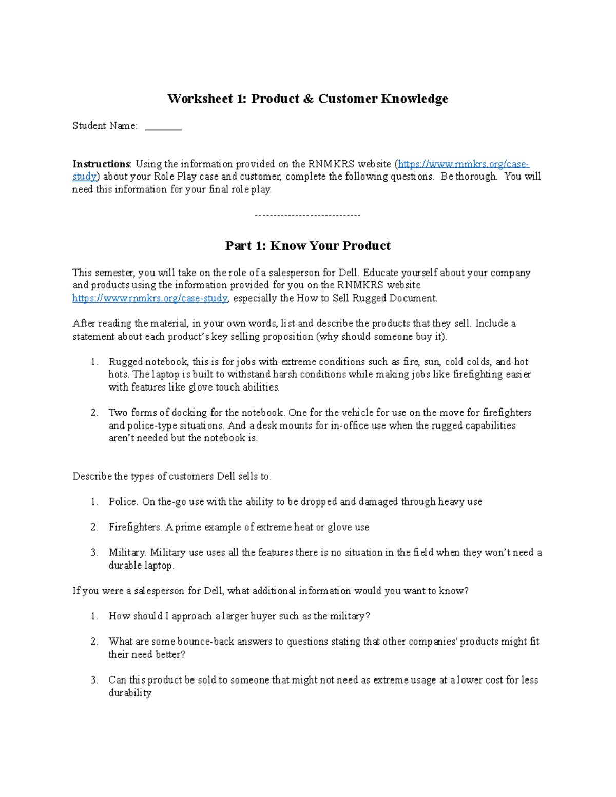 Worksheet 1 Product Customer Knowledge - Worksheet 1: Product ...