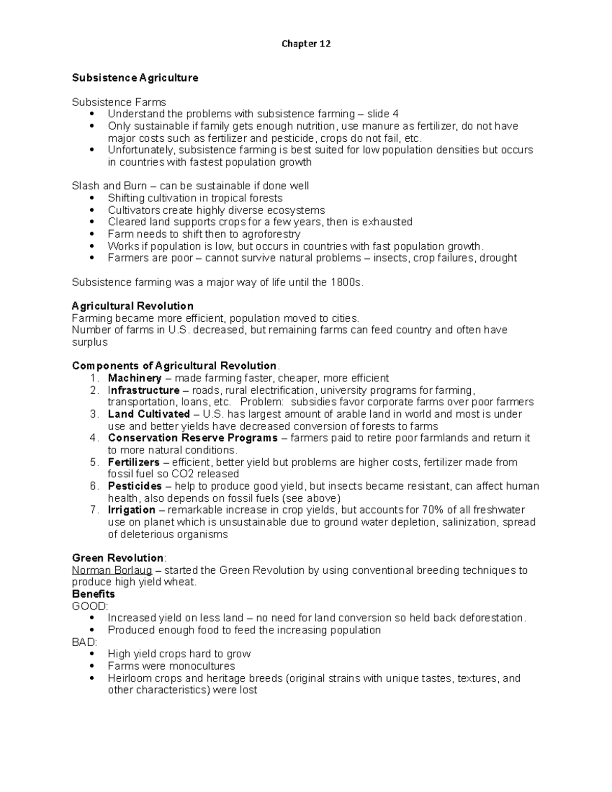 Chapter 12 Study Guide - Chapter 12 Subsistence Agriculture Subsistence ...