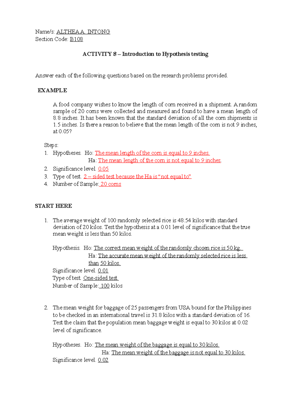 Statistics Activity 8 Hypotheses TEST - Name/s: ALTHEA A. INTONG ...