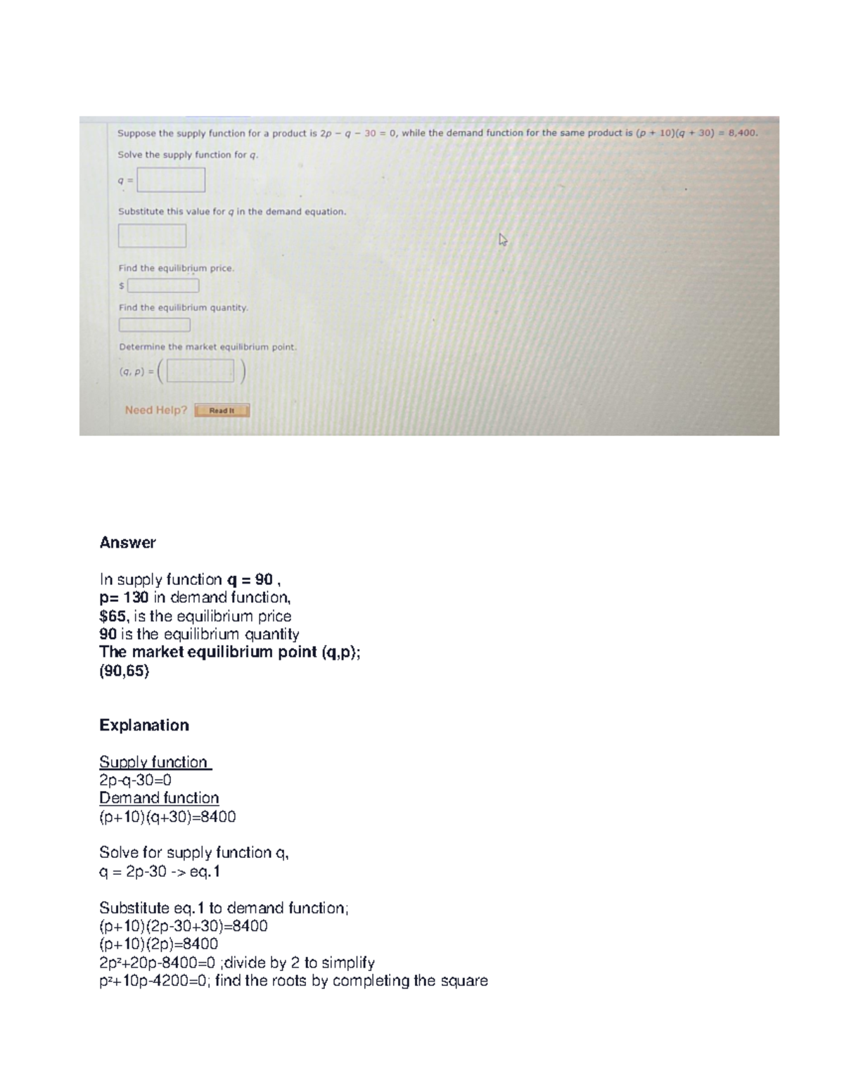 Math Solved Problems - notes - Answer In supply function q = 90 , p ...
