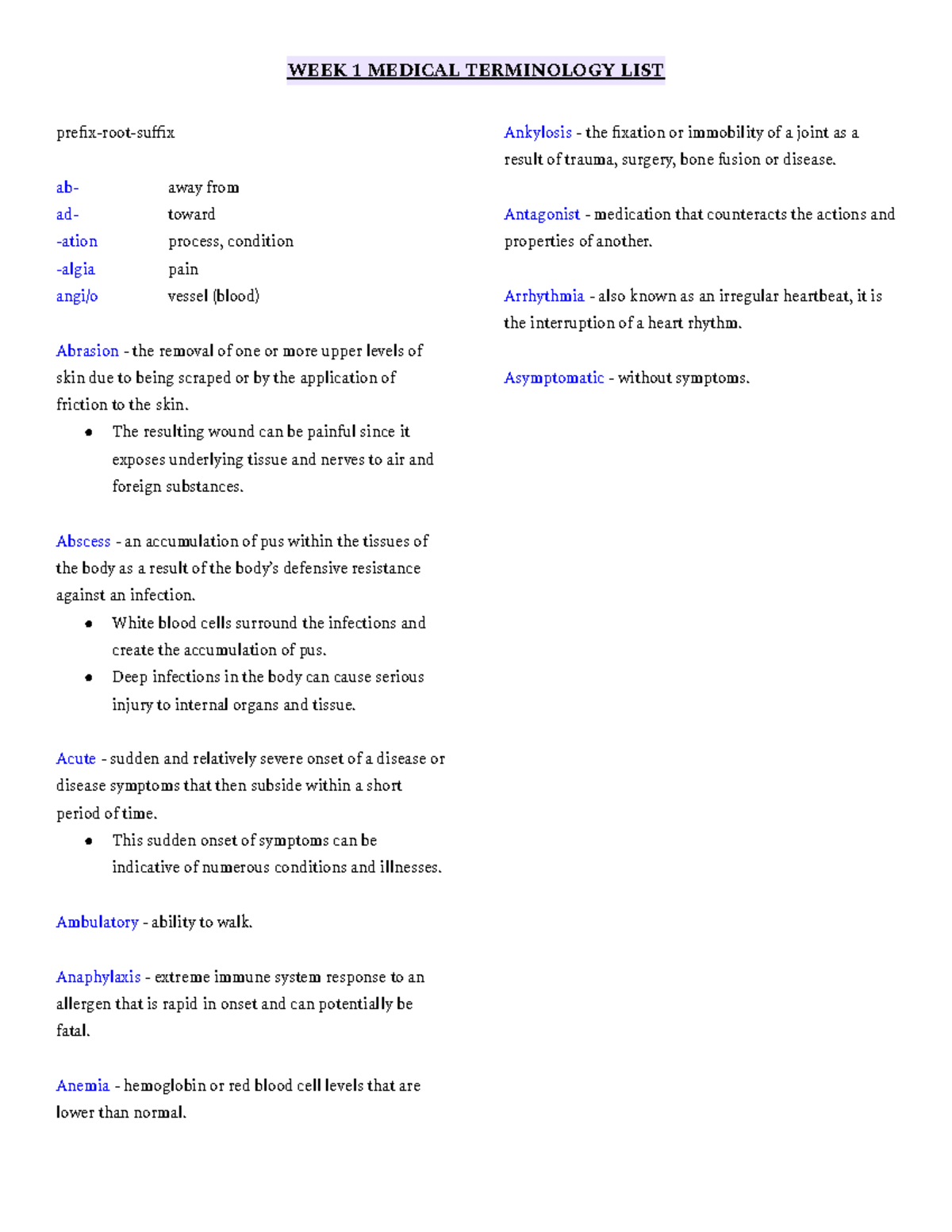 Week1 Medical Terminology List - WEEK 1 MEDICAL TERMINOLOGY LIST prefix ...