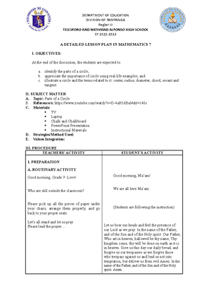 Detailed Lesson PLAN- Grade-8 - Sta. Ana, Pampanga holycrosscollegepampanga.edu School Year 2021 ...