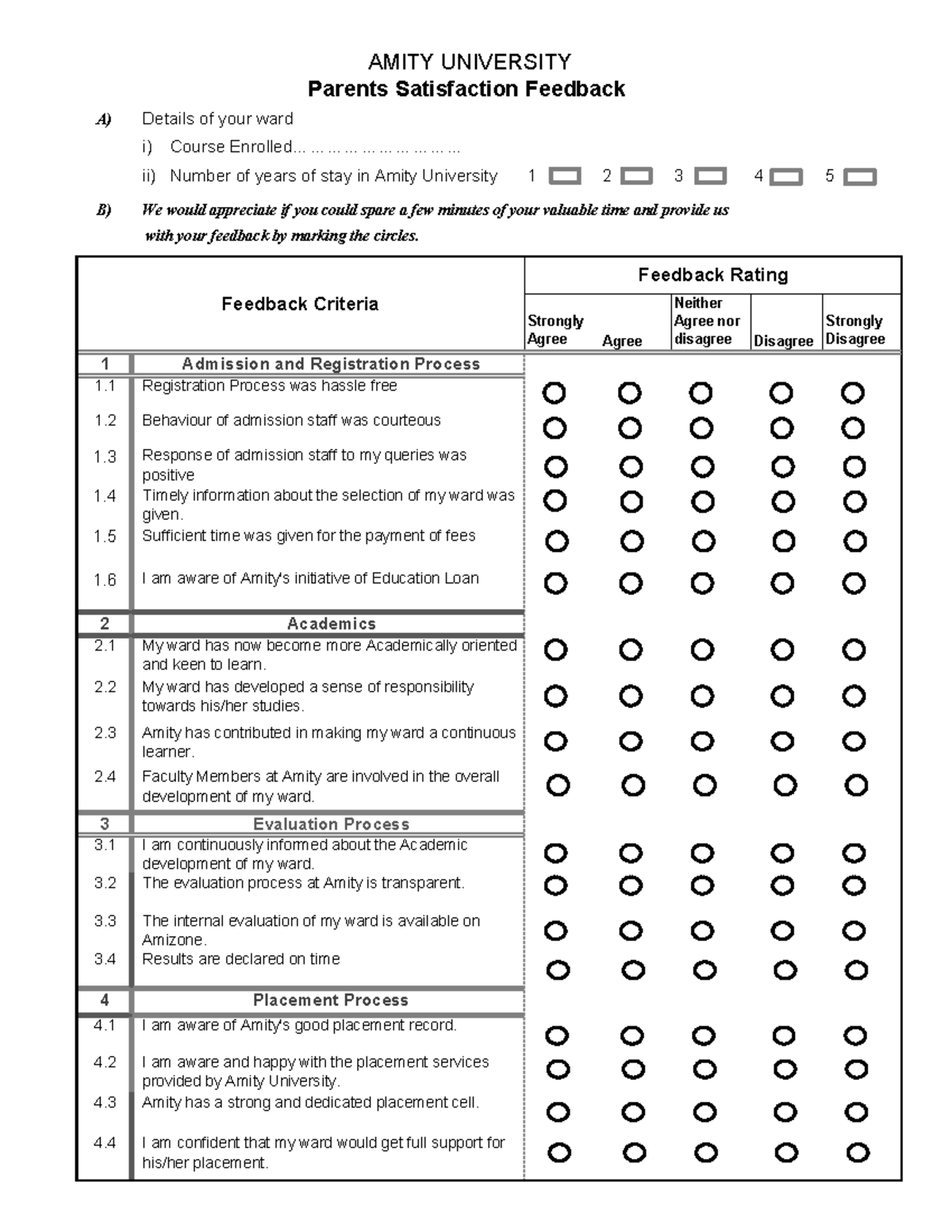 Parent Satisfaction Feedback - A) i) ii) Number of years of stay in ...