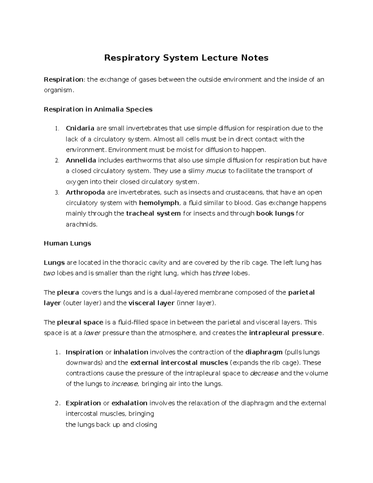 Respiratory System Lecture Notes - Respiratory System Lecture Notes ...