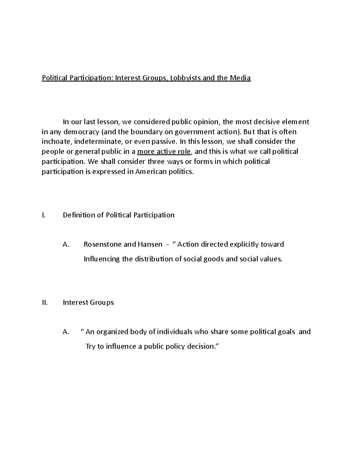 Political Science Seminar Interest Groups - Political Participation ...